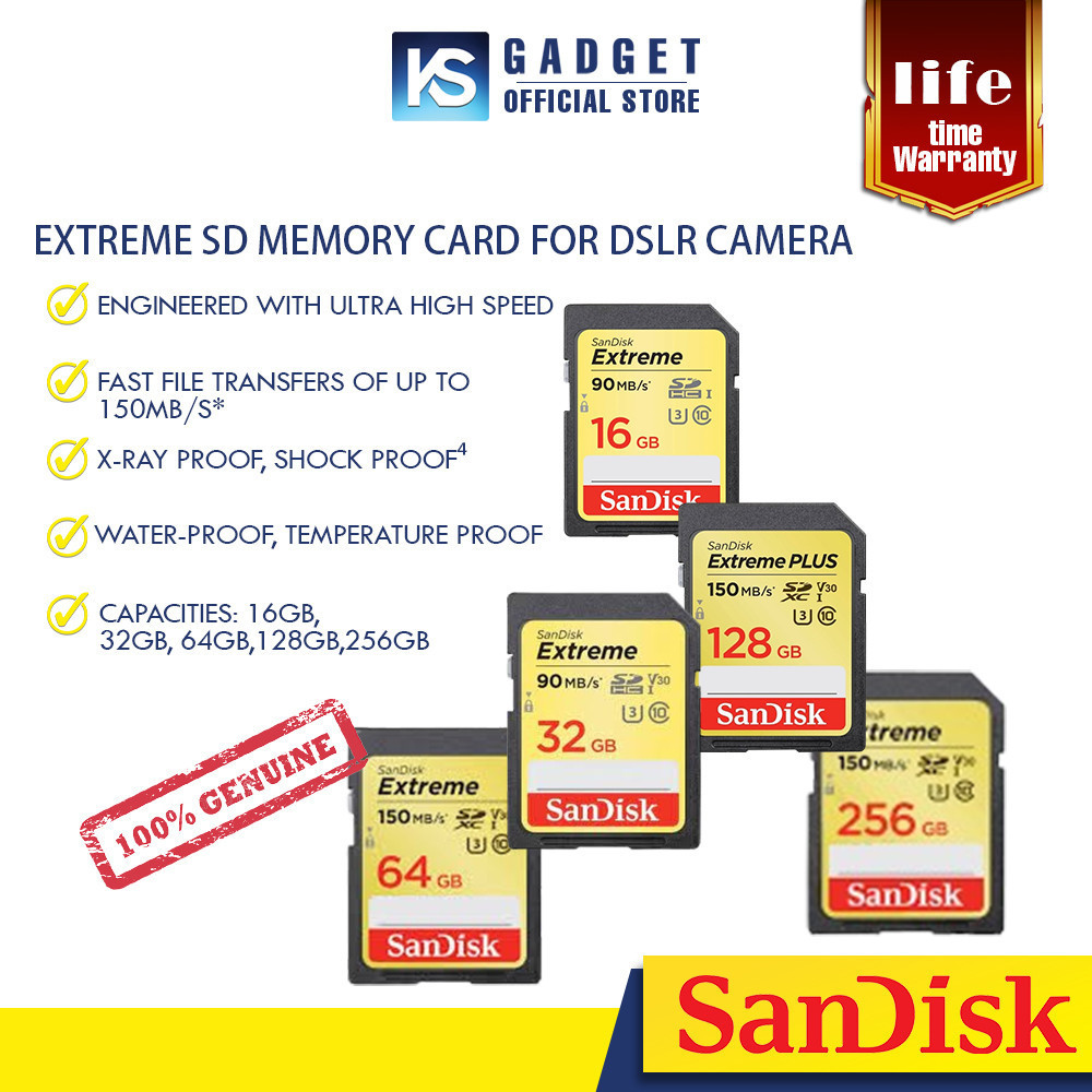 SanDisk Extreme SD Memory Card For DSLR Camera (16GB/32GB/64GB/128GB/150MB/S/U3/V30/4K) | Shopee ...