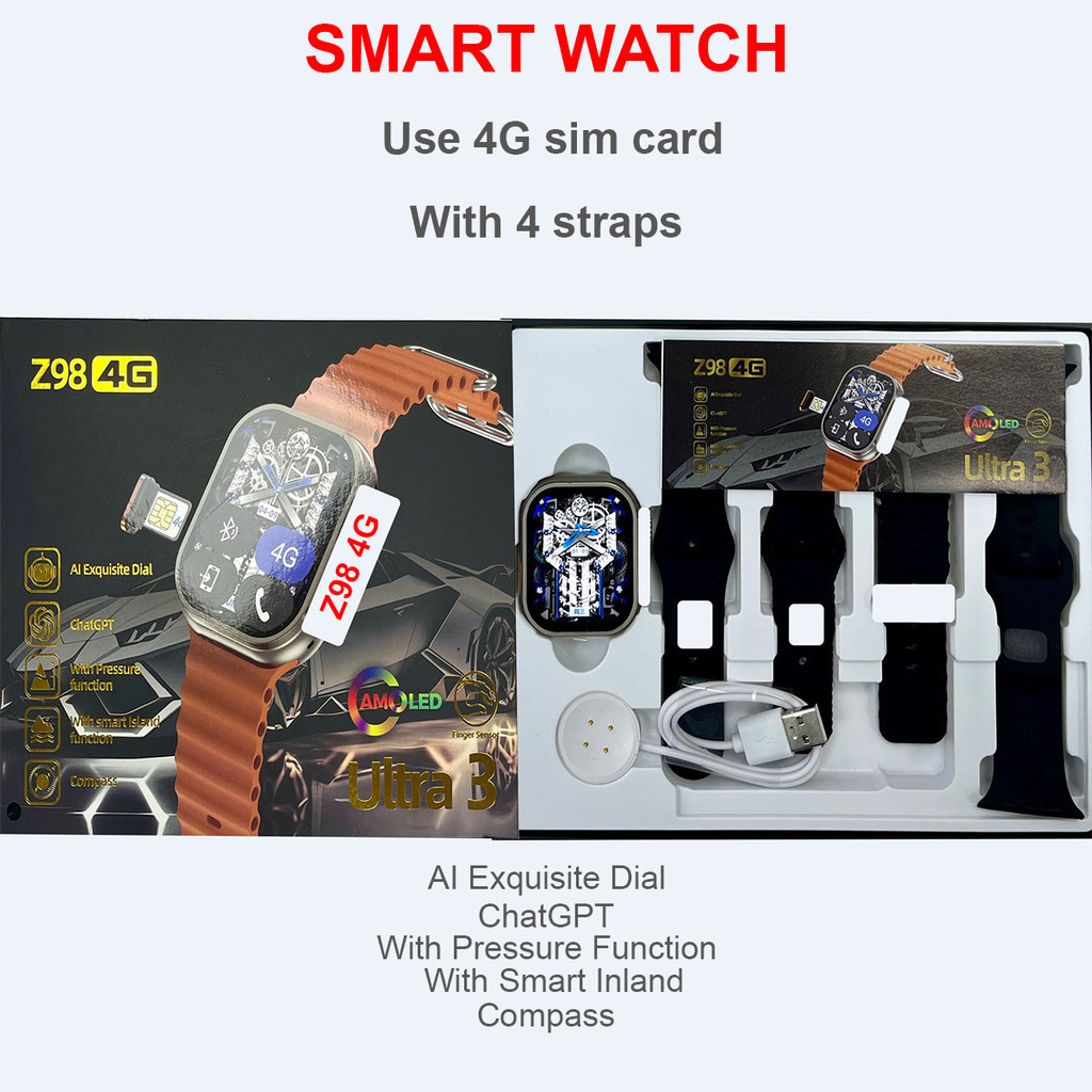 4G Sim Card Smart Watch Amoled Touch Screen Smartwatch with 4 Straps ...