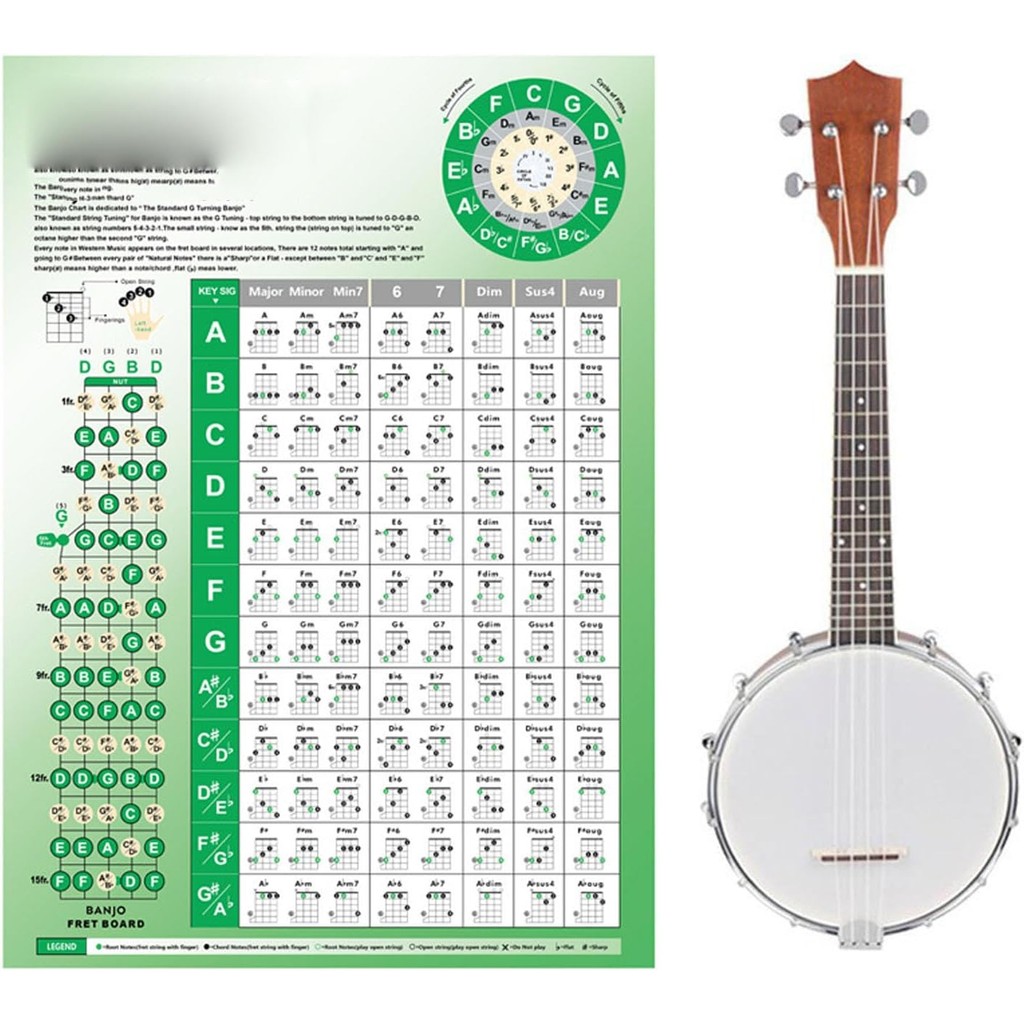 Banjo Chord Chart - Coated Paper, Beginner Finger Practice - Portable ...