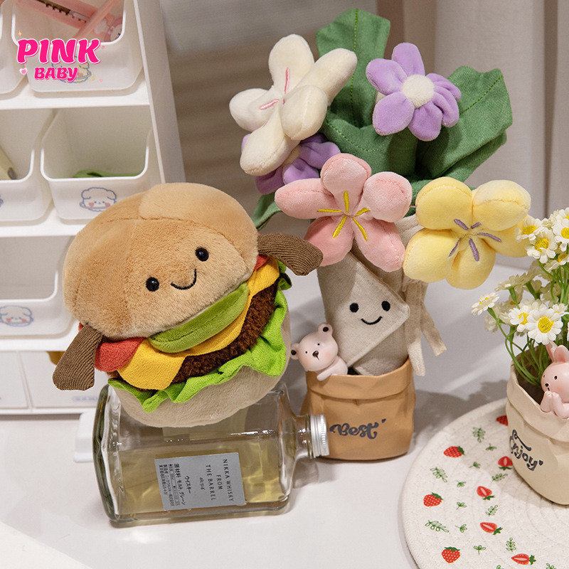 Cartoon Burger Plush Toy Holding Flower Wedding Bouquet Plush Toy ...