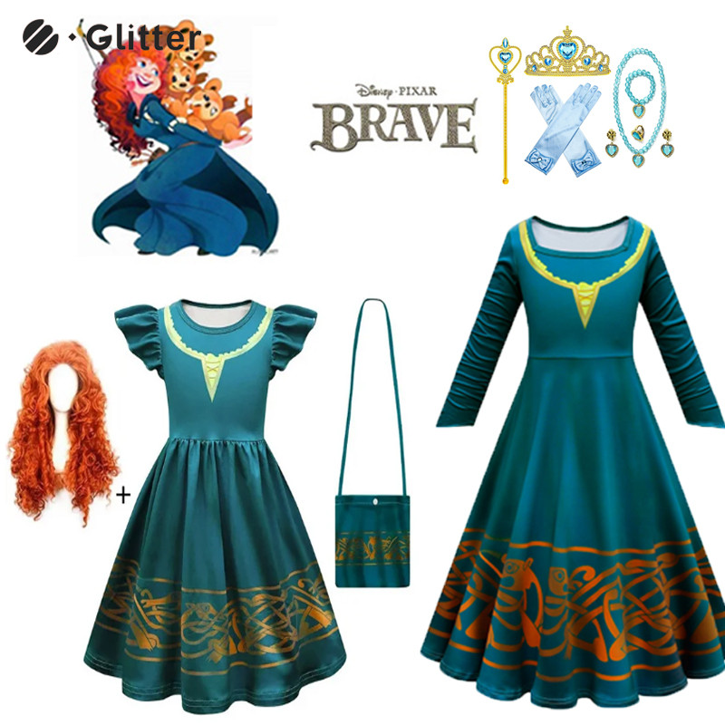 Brave Merida Cosplay Costume for Kids Girl Summer Dark Green Princess ...