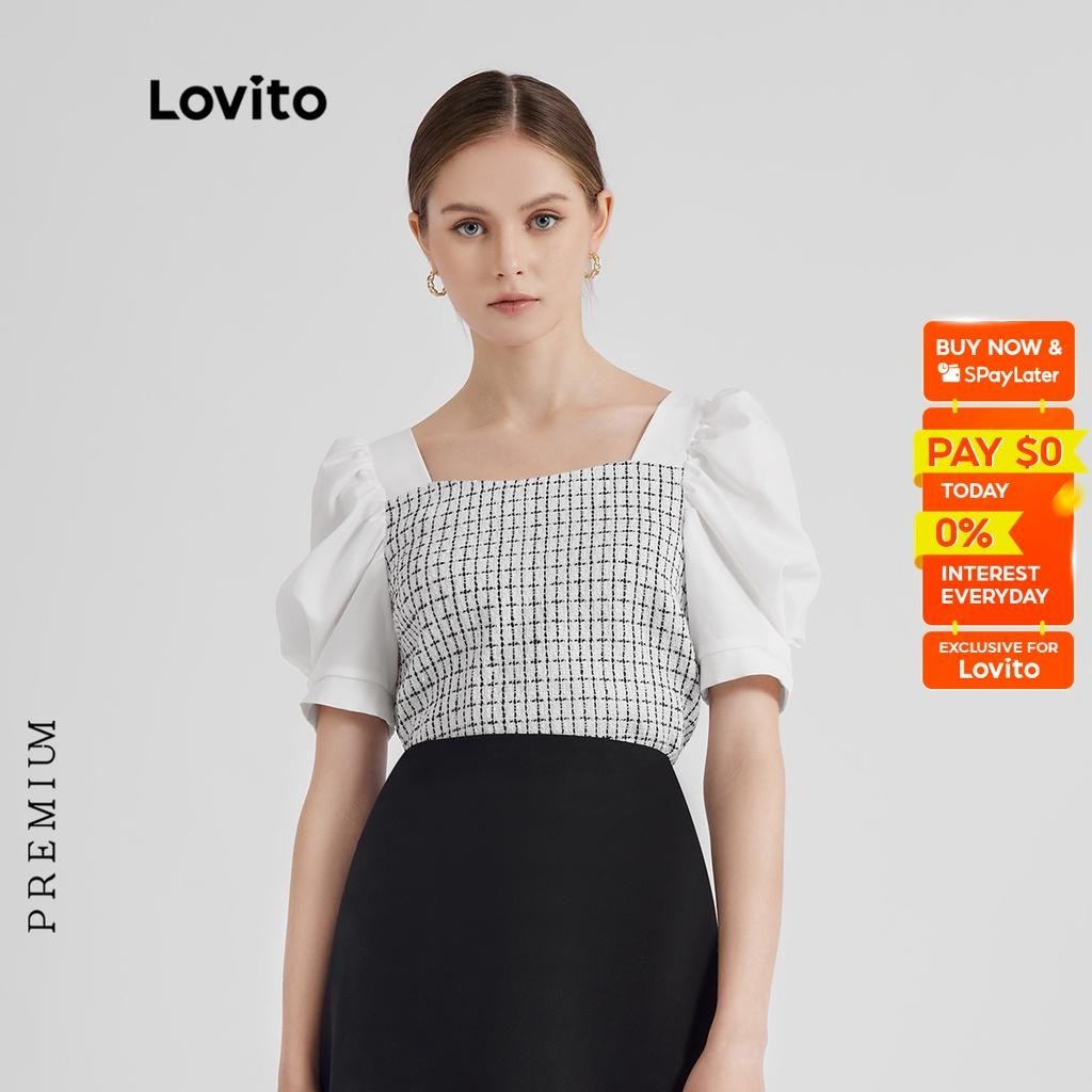 Lovito Elegant Gingham Contrast Puff Sleeve Women Blouses L33ED045 ...
