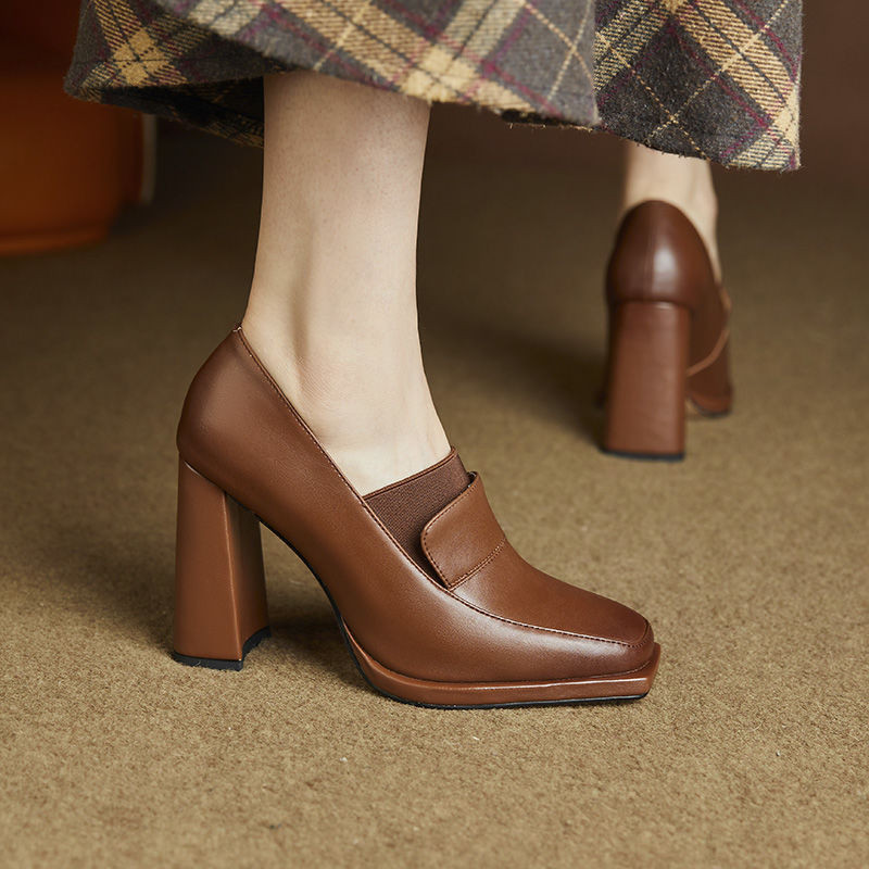Brown High Heels 2024 New Thick Heel Shoes British Style Waterproof ...