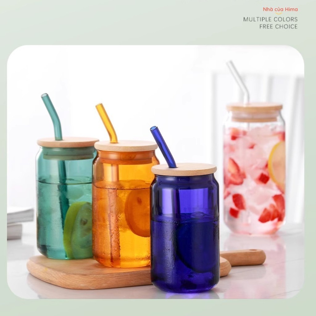 4-color hot and cold heat-resistant glass bottle with wooden lid and rubber gasket - with straw ...