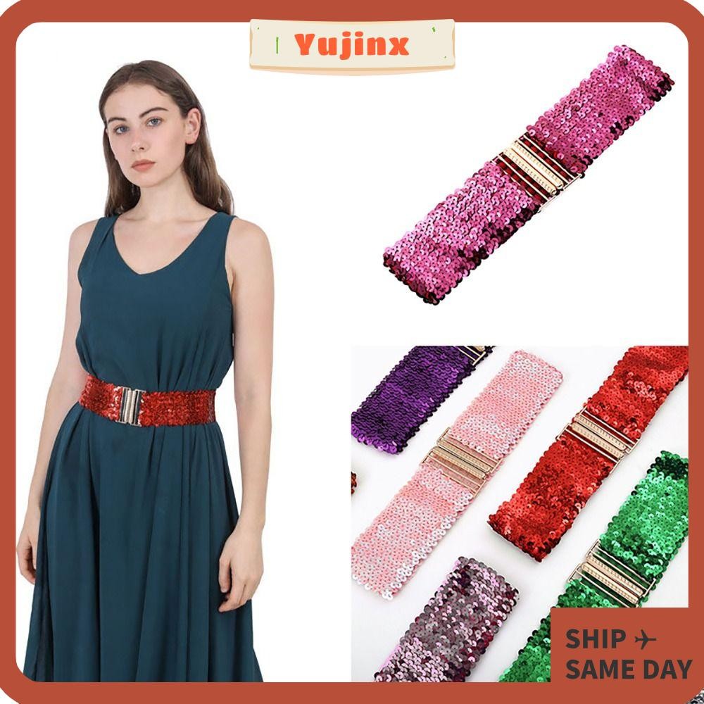 YUJINX Shinny Waistband, Gold Buckle Elastic Sequin Stretch Belt ...