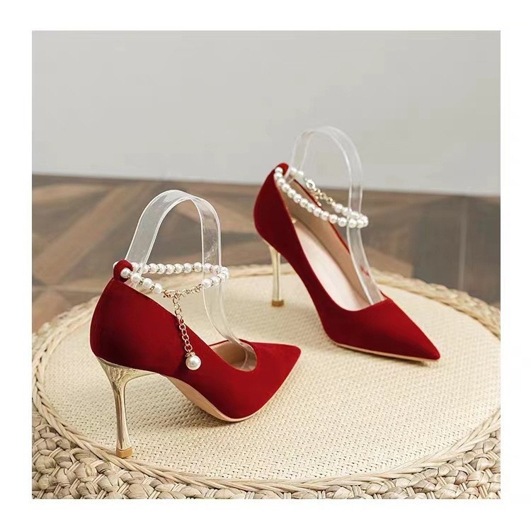 Red Spring 2024 Chinese Bridal Shoes Pearl Chain Xiuhe Clothing High ...