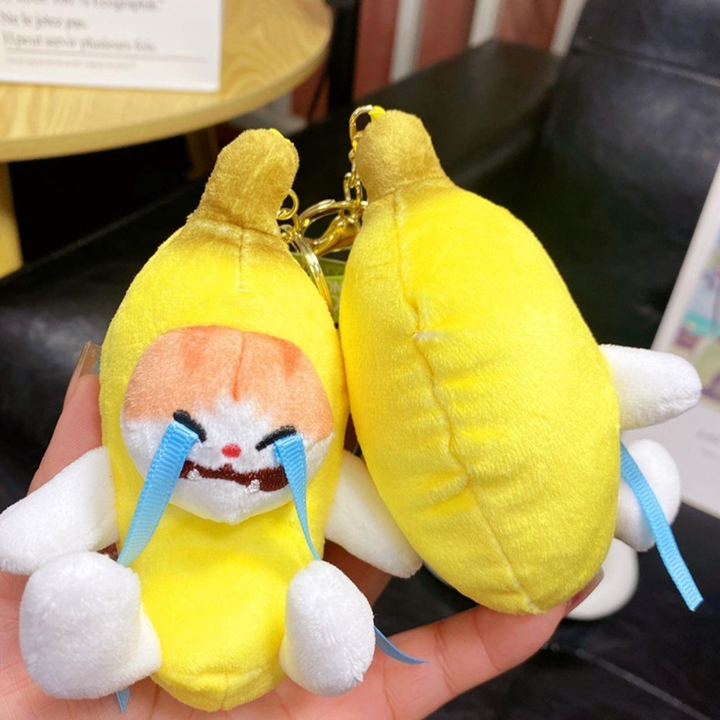 Cute Banana Cat Meme Keychain Soft Sad Cat Plush Keychain with Sound ...