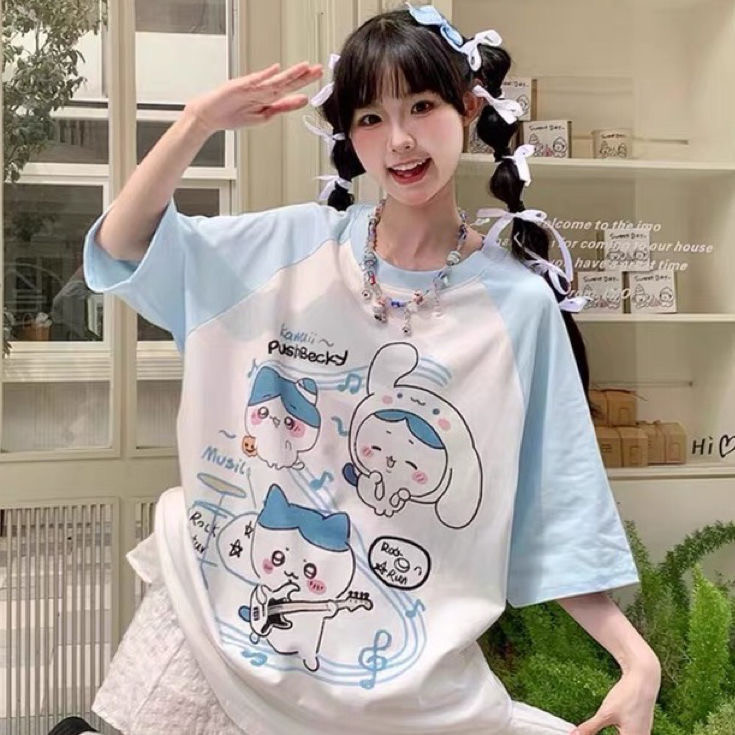 Fashion Women Short Sleeved T-shirt Chiikawa Patchwork Top Harajuku ...