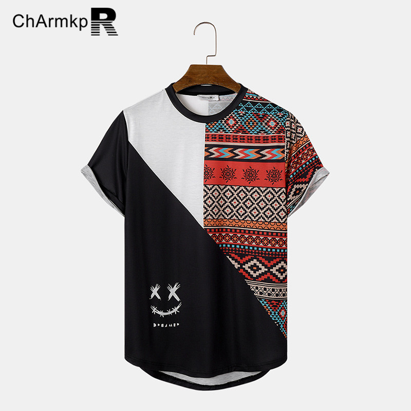 ChArmkpR Men's Smile Geometric Ethnic Pattern Curved Hem Short Sleeve T ...