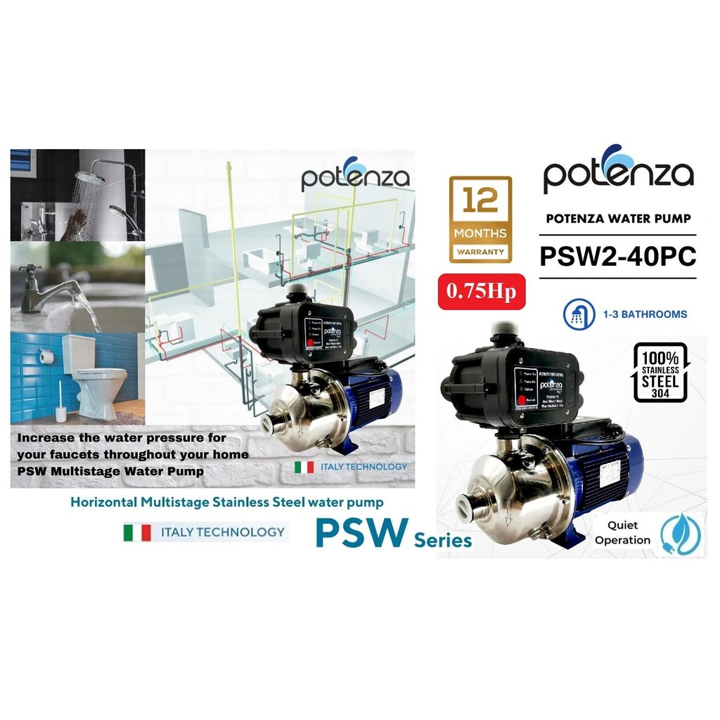 Potenza PSW-2-40 PC-Auto Multi-Stage S/Steel Domestic Pump 0.75Hp ...