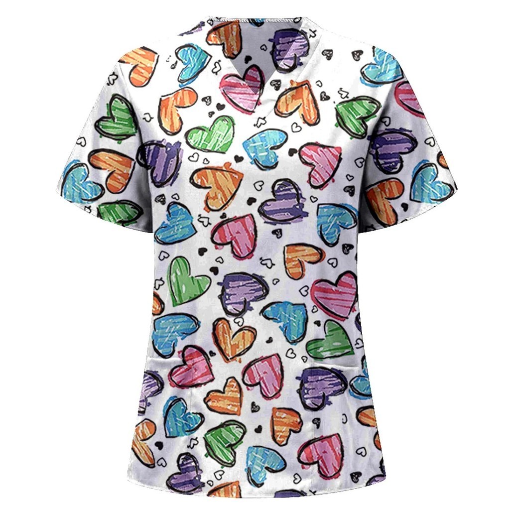 Tops Women Scrub Short Sleeve V-neck Blouse Nurse Working Uniform T ...