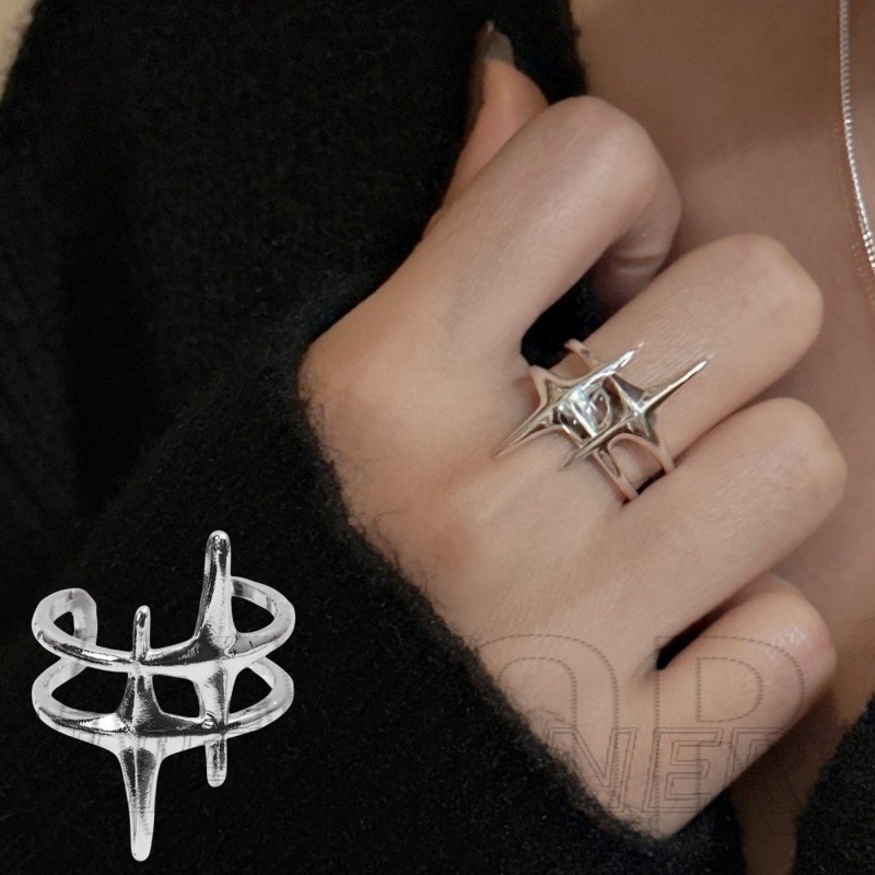 Double Stars Finger Ring - Silver Color Four Pointed Star Ring ...