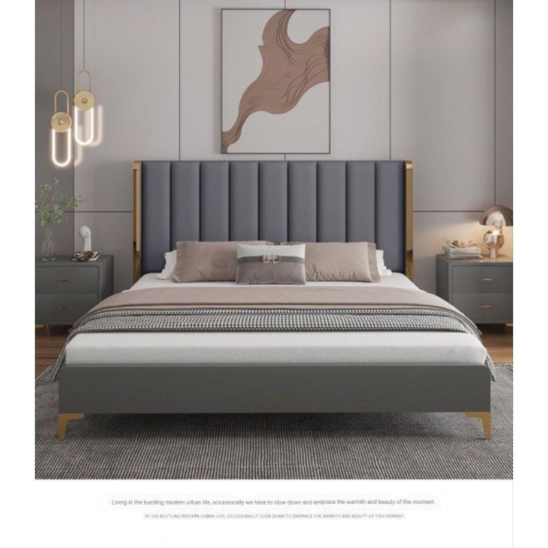 Shopee Dark Grey Leather Art Bed Frame with Back Head | Shopee Malaysia