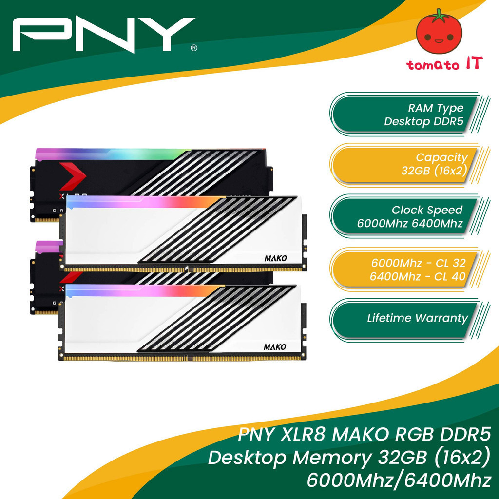 PNY XLR8 MAKO RGB DDR5 Desktop Memory 32GB(16x2) 6000Mhz 6400Mhz Black ...