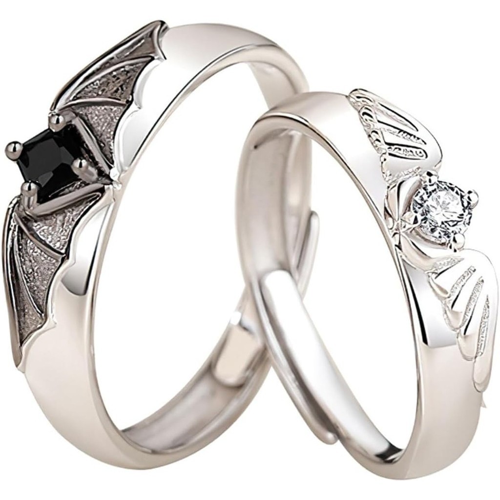Couple Ring Silver Ring and Black Ring Adjustable Angel and Demon Ring ...