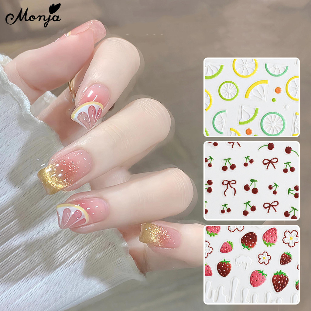 Monja 3D 5D Fruit Nail Stickers Embossed Strawberry Lemon Cherry Flower ...