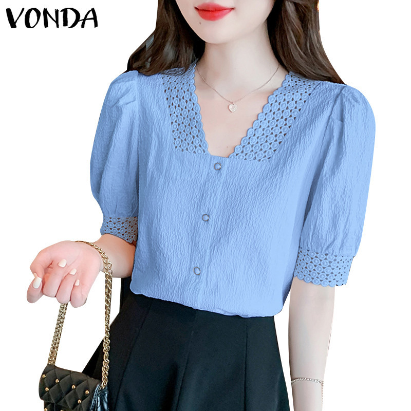 VONDA Women Korean Casual Square Neck False Placket Patchwork Lantern ...