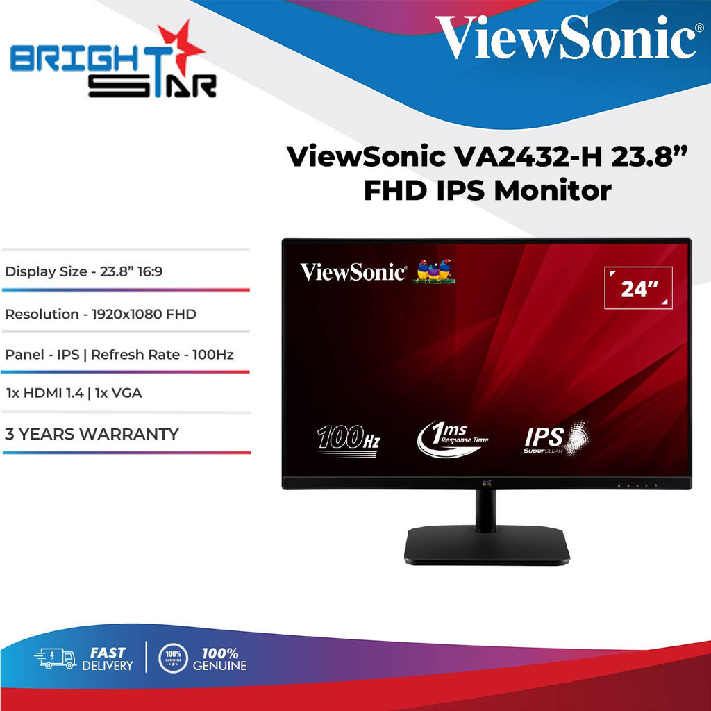 VIEWSONIC VA2432-H 23.8" IPS FHD Monitor (100Hz/1ms/1x HDMI/1x VGA/VESA ...