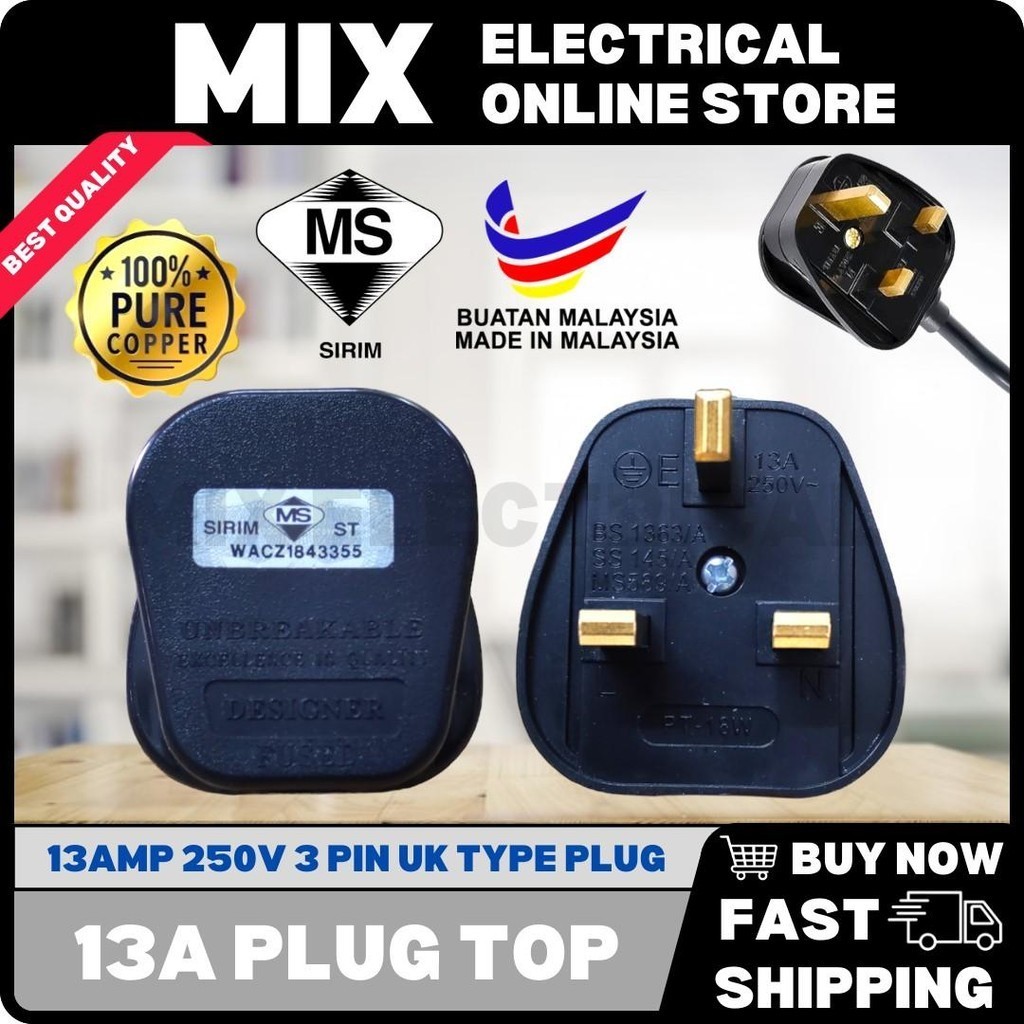 [SIRIM] Pure Copper Black 13A 3 Pin Plug Top / 3Pin Approved Uk Plug ...