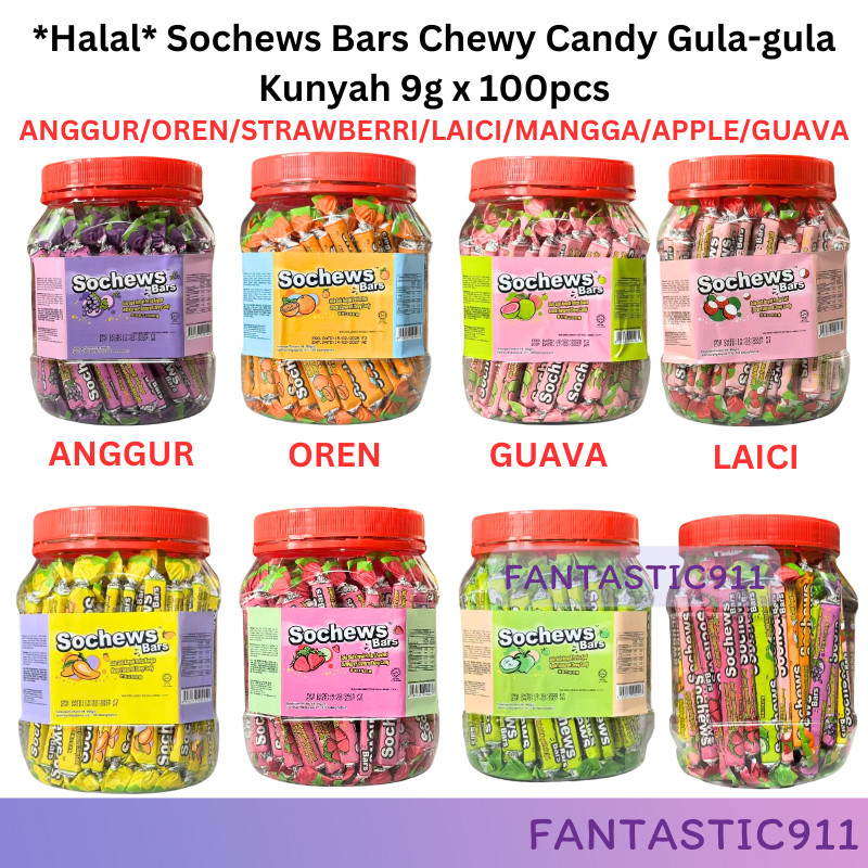 *Halal* Sochews Bars Chewy Candy Gula-gula Kunyah 9g x 100pcs ANGGUR ...
