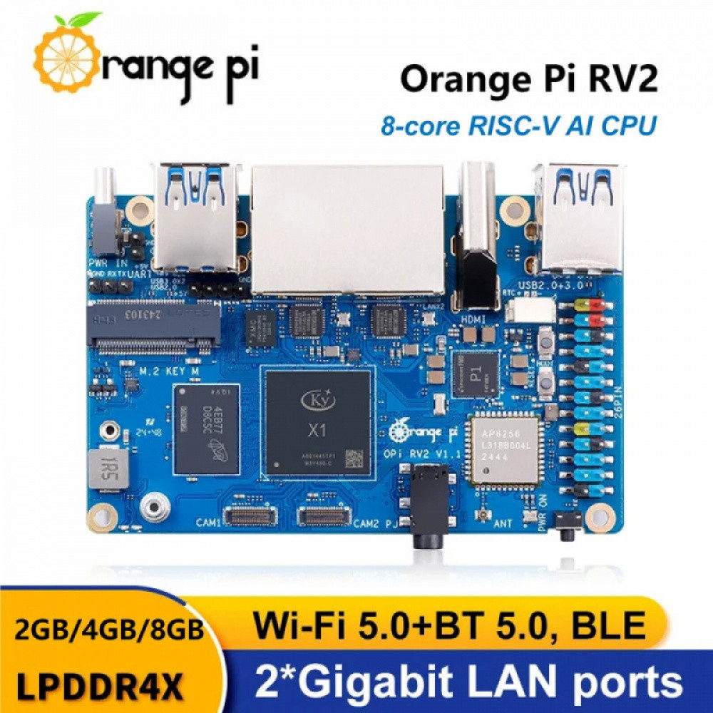 【In stock】Orange Pi RV2 8 core RISC-V AI CPU Development Board 2 TOPS NPU WiFi+BT5.0 Gigabit ...