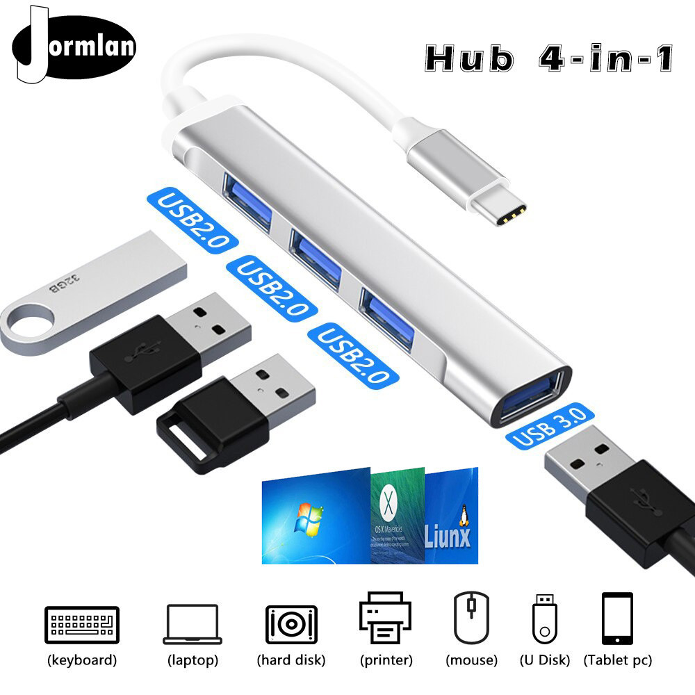 Mini USB-C Hub Adapter – 4-Port Type-C to USB 3.0/2.0 Multiport Hub for ...