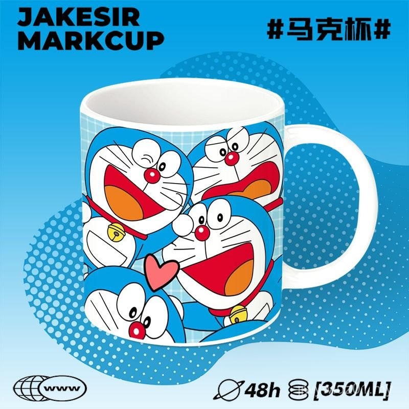 Doraemon Blue Fatty Water Cup with Lid Cute Ceramic Mug Spoon Coffee ...