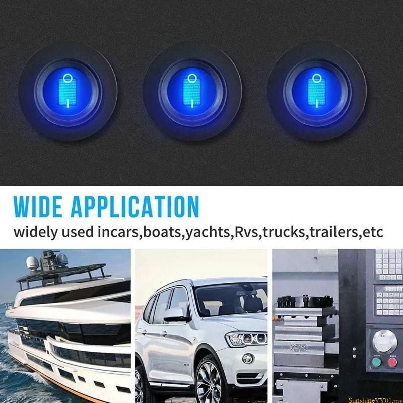 SUN 12V 20A Waterproof Rocker Switch Blue LED Lighted Round ON 3 Pin 12 ...