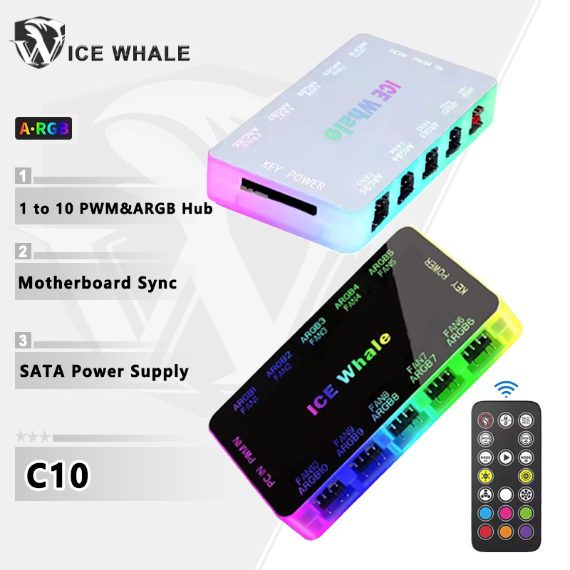 ICE Whale C10 1 to 10 PWM&ARGB Case Fan Hub Splitter 4Pin PWM 3Pin ...