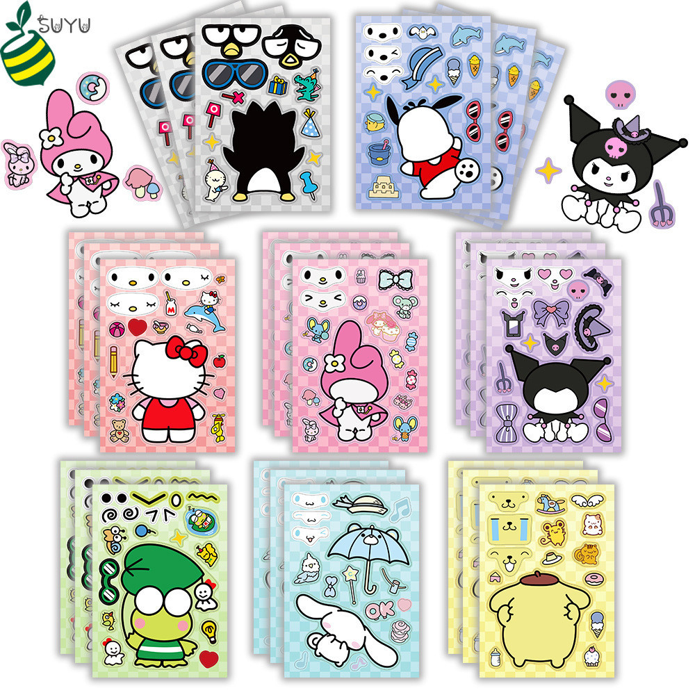8 Sheets Kuromi Anime Pompompurin Puzzle Stickers Make-a-Face Assemble ...