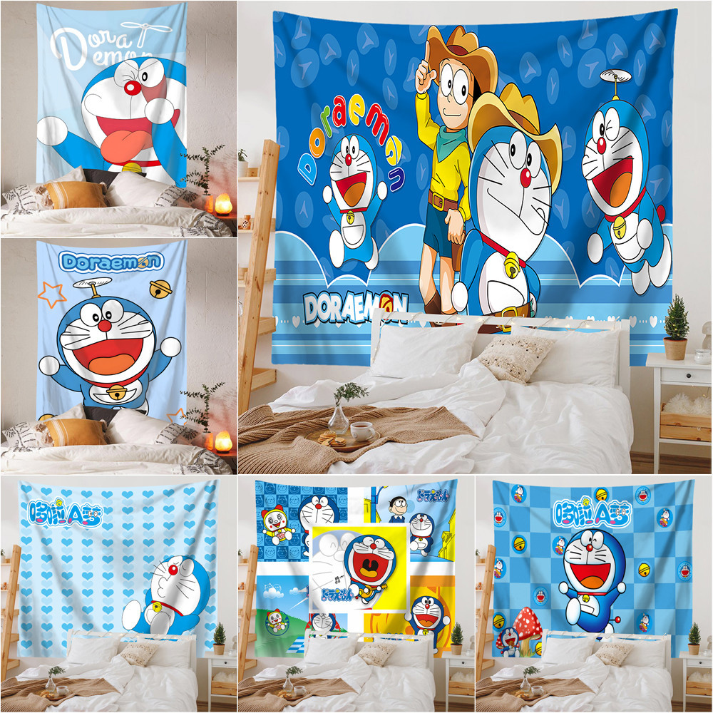 Cute Cartoon Doraemon Wall Tapestry with Clips Polyester Tapestries ...