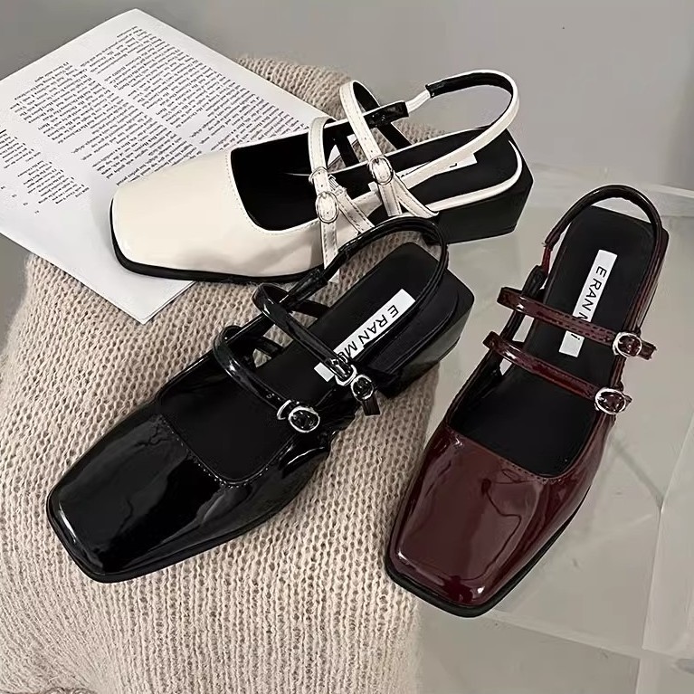 Kasut Mary Jane Kaki Persegi Retro Perancis Bertumit Chunky untuk ...