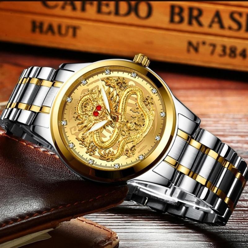 Original luxury gold watch men top brand 3D engraving Golden Dragon ...