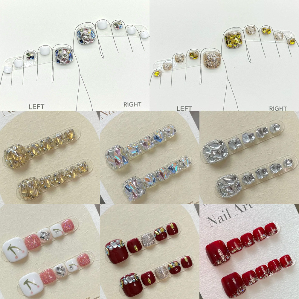 HANDMADE Artificial Fake Toe Nails Full Diamond Gems Shiny Colorful ...