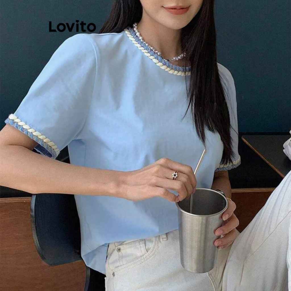 Lovito Elegant Plain Contrast Tape Colorblock T-Shirt for Women ...