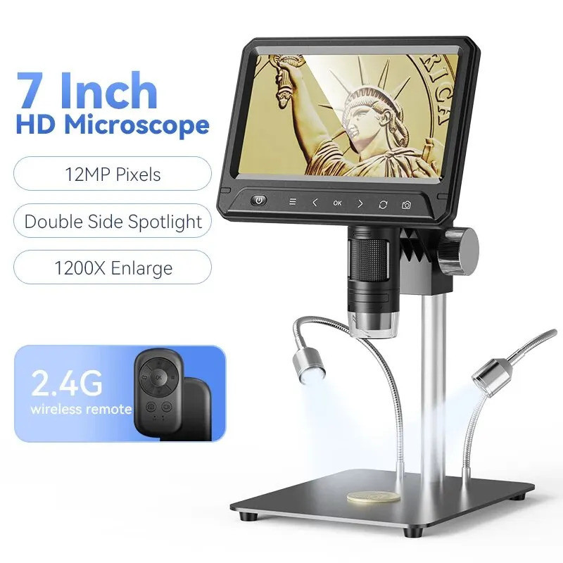 7 Inch Digital Microscope LCD 1200X Zoom 12MP HD Professional Electron ...