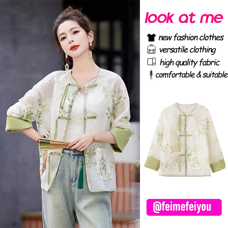 New Summer Women Light Jacket Chinese Floral Printing Knot Button ...