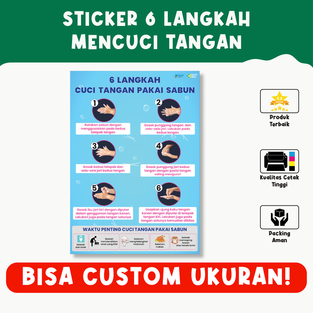 6 Step Hand Washing Sticker - Hand Washing Guide Using Soap, Quality ...
