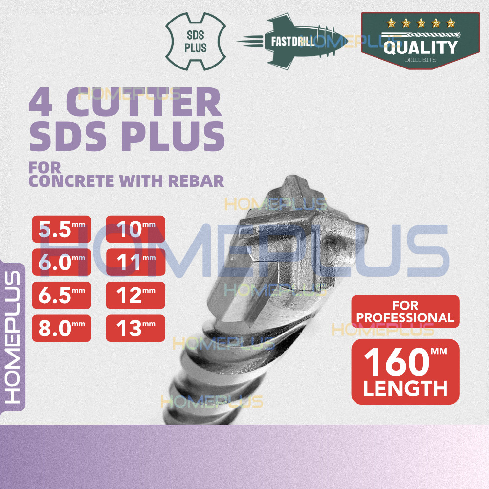 Homeplus 160mm 4 Cutter SDS Plus Concrete Cement Drill Bit Mata Tebuk ...