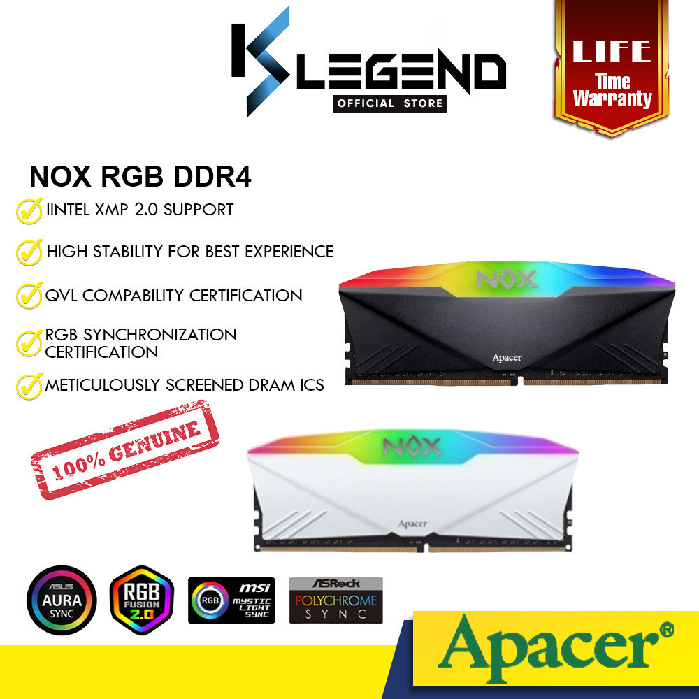 Apacer NOX RGB DDR4 3200MHz Gaming Ram - Black/White ( 8GB / 16GB ...