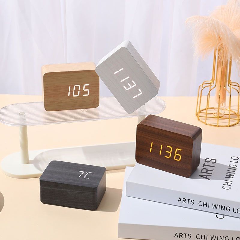 Wooden Desktop Alarm Clock Creative Clock Temperature Humidity Voice ...