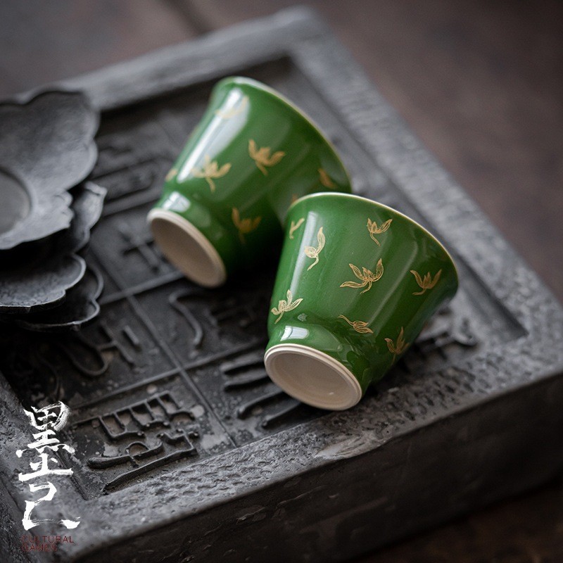 MOJI Emerald Gold-stamped Ceramic Chinese Tea Cup Hand-painted Glaze ...