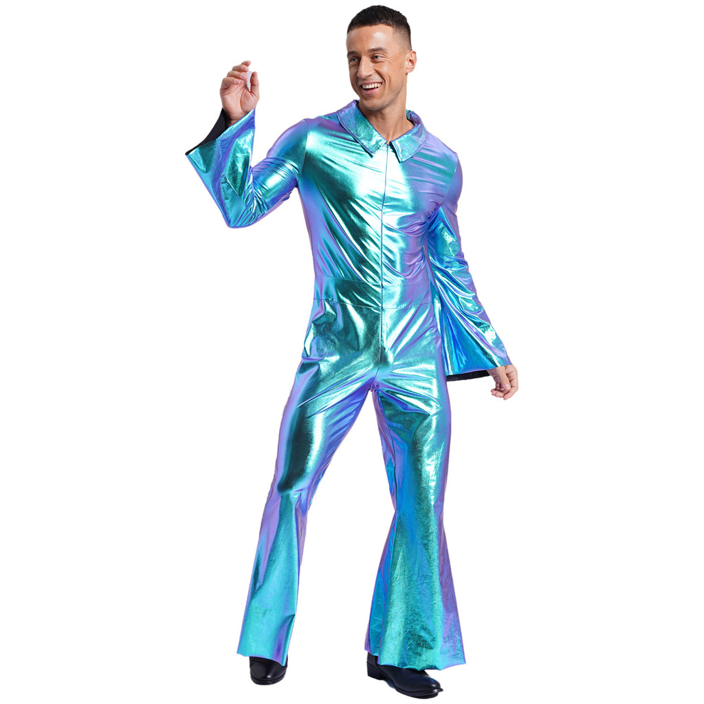 Fldy Men's Shiny Metallic Retro Jumpsuit Wide Leg Pants One Piece ...