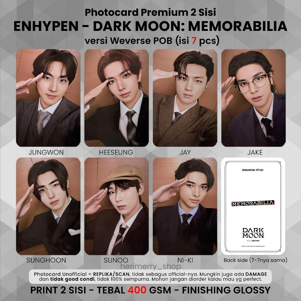 REPLIKA (CONTAINS 7 PCS) Photocard ENH*A DARK MOON MEMORABILIA - Premium PC Photocard 2 Sides ...