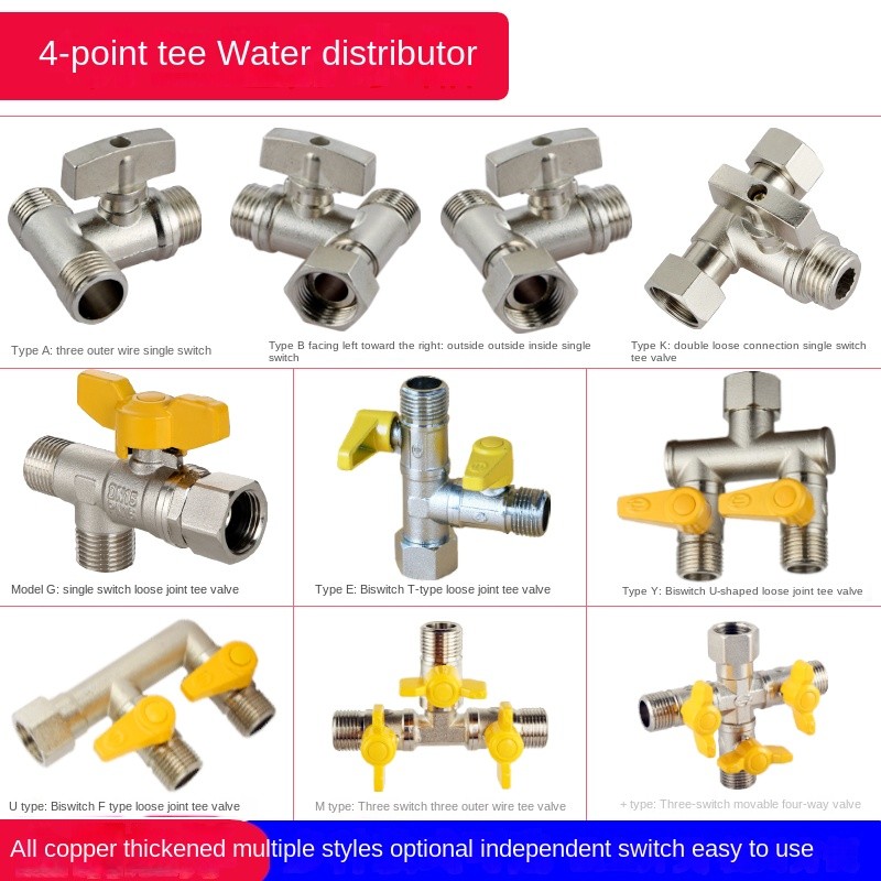 Copper Valve Switch Three-Way Water Pipe Diverter Water Divider Washing ...