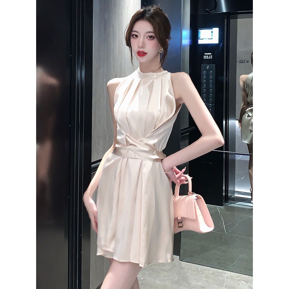 Korean Style Acetate Satin Halter Dress Women Summer Bow Laced-Up ...
