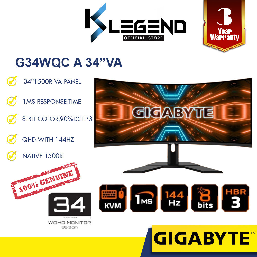 GIGABYTE G34WQC 34" WQHD 144HZ 1MS 8BIT FREESYNC PREMIUM CURVE GAMING ...