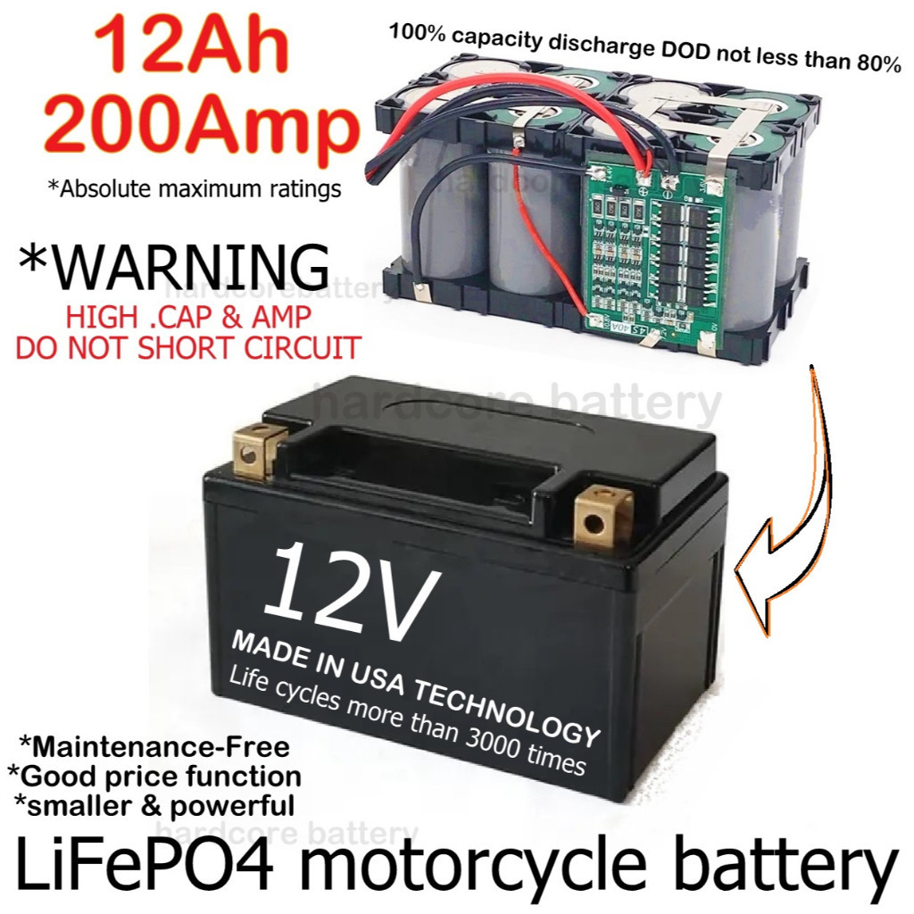 Lifepo4 Motorcycle Battery 12V 12Ah 200Amp starting motor Maintenance ...