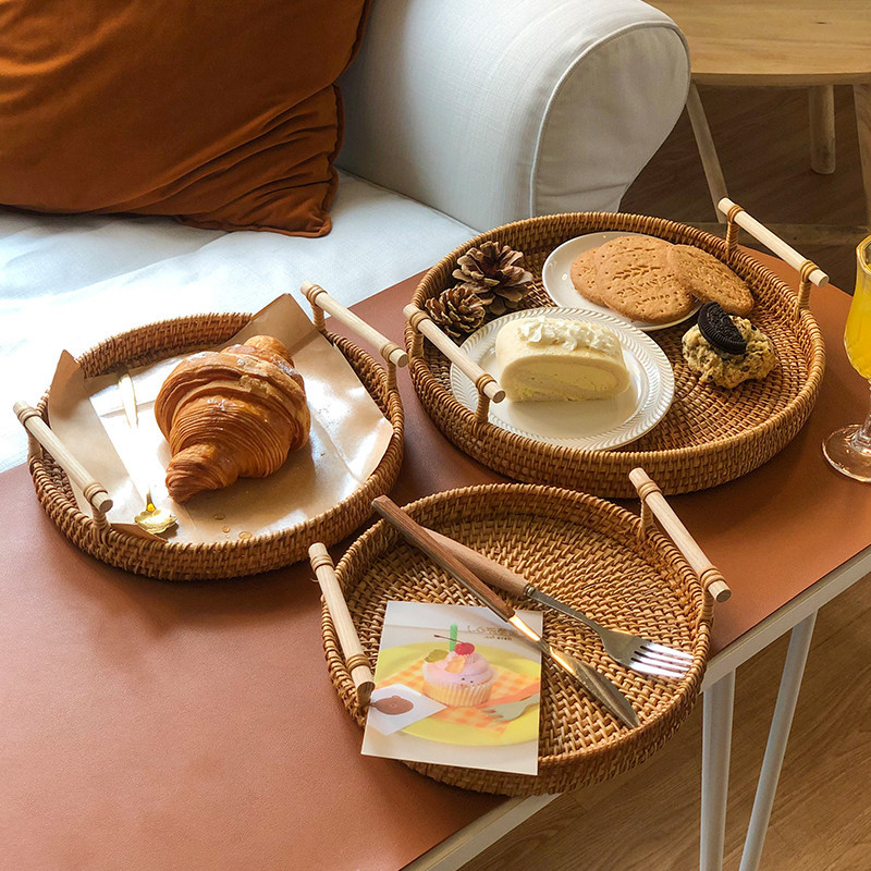 Portable Rattan Tray Retro Woven Food Storage Basket Dinner Parties ...