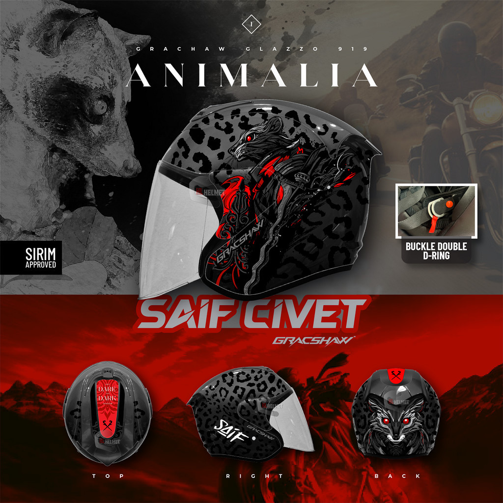 GRACSHAW GLAZZO 919 ANIMALIA HELMET ORIGINAL ( SAIF CIVET ) - Helmet ...